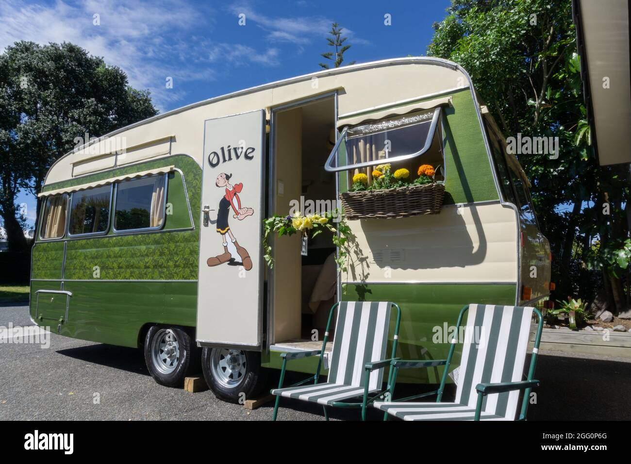 Tauranga New Zealand - November 18 2016; Green retro restored caravan ...