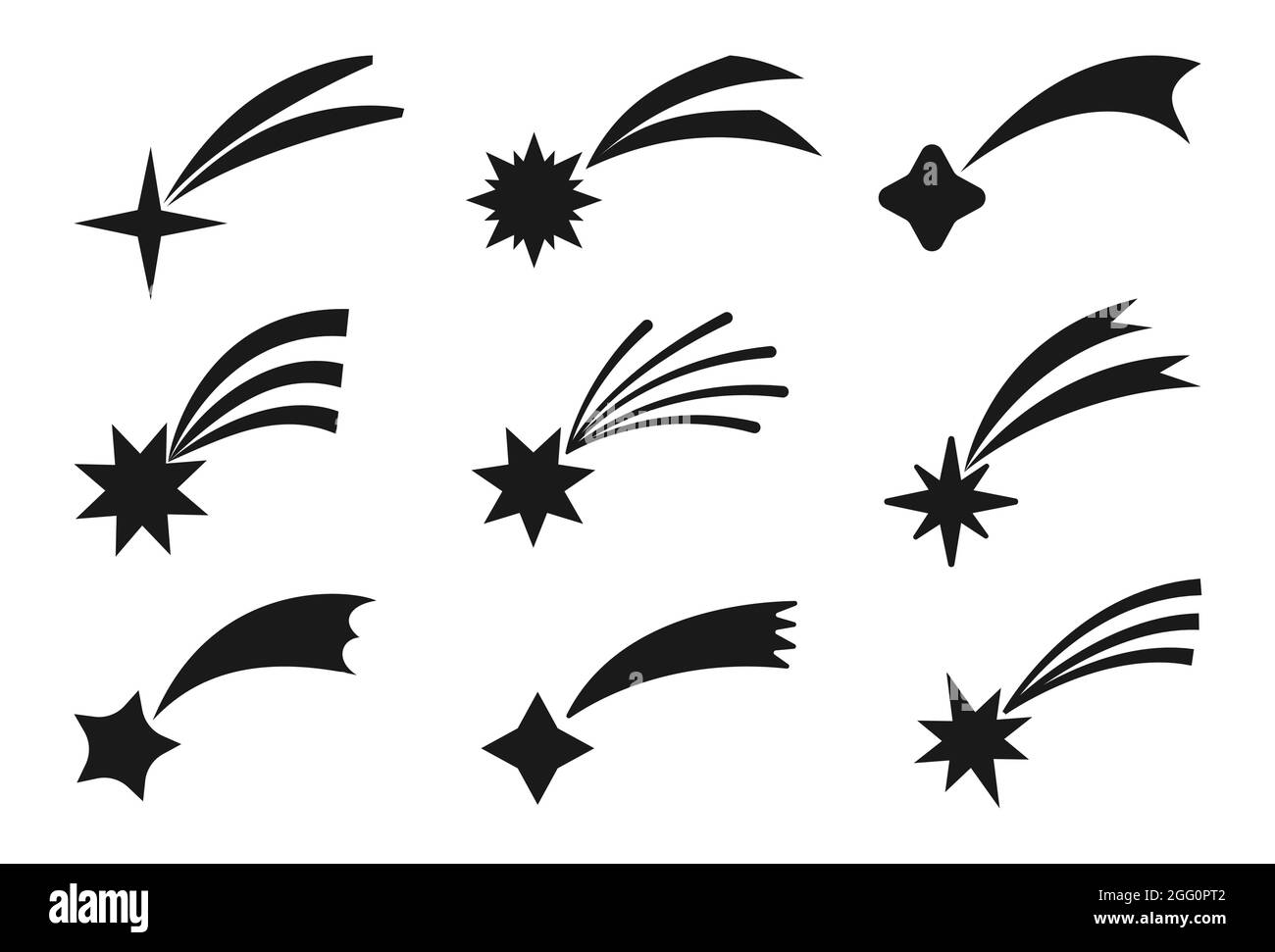 Comet falling star silhouette black set. Meteorites, asteroids, sparks ...
