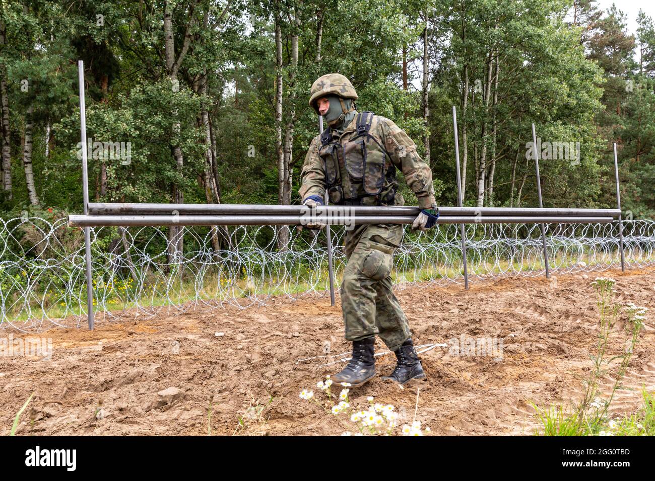Soldiers of the Polish Army build a fence with concertina wire at the ...