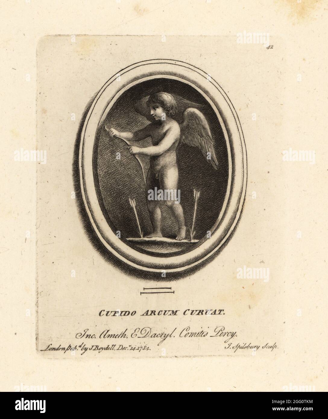 Cupid, Roman god of love, bending a bow. Cupido arcum curvat. Engraved ...