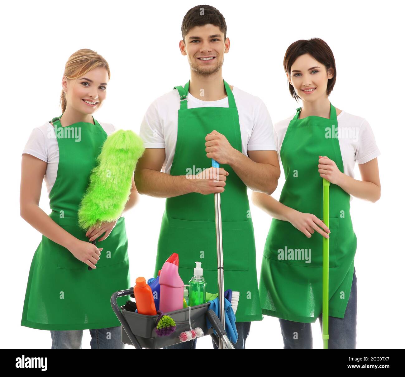 Service team with cleaning equipment on white background Stock Photo ...