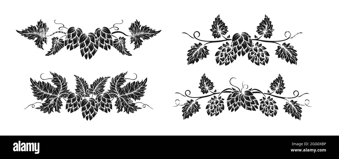 Hop border plant branch sketch style black glyph set. Frame hand drawn ...