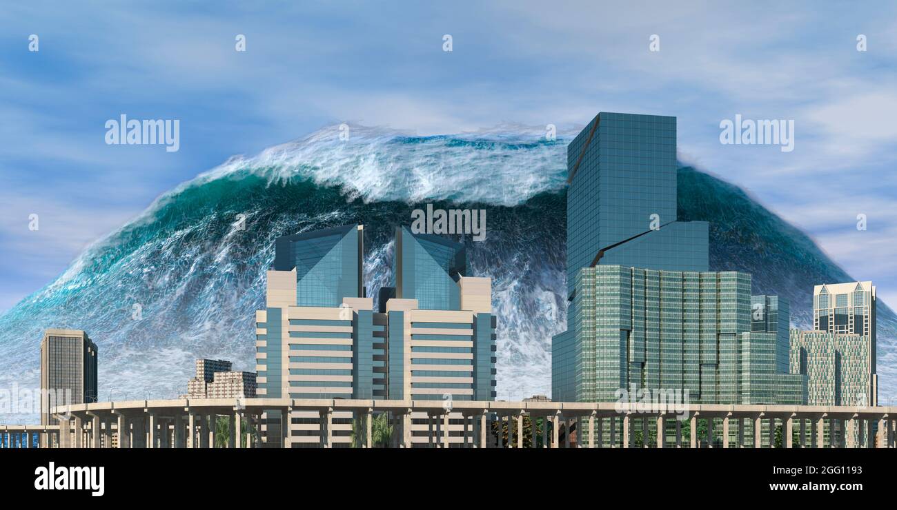 3D illustration tsunami wave apocalyptic water view urban flood Storm ...