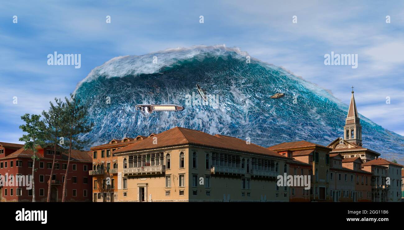 3D illustration tsunami wave apocalyptic water view urban flood Storm ...