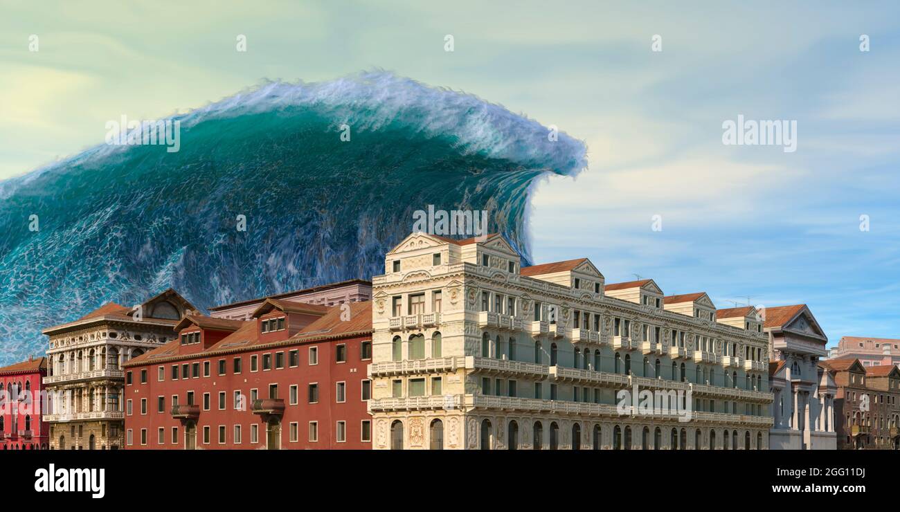 3D illustration tsunami wave apocalyptic water view urban flood Storm ...