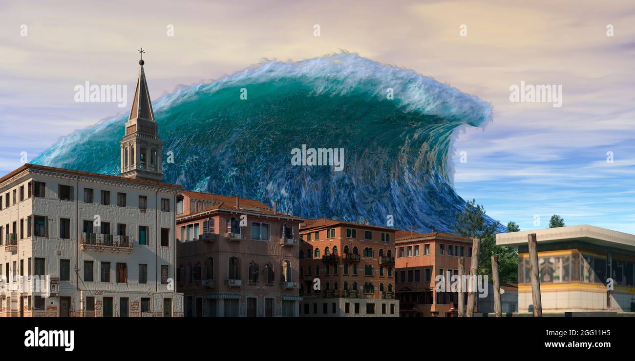 3D illustration tsunami wave apocalyptic water view urban flood Storm ...