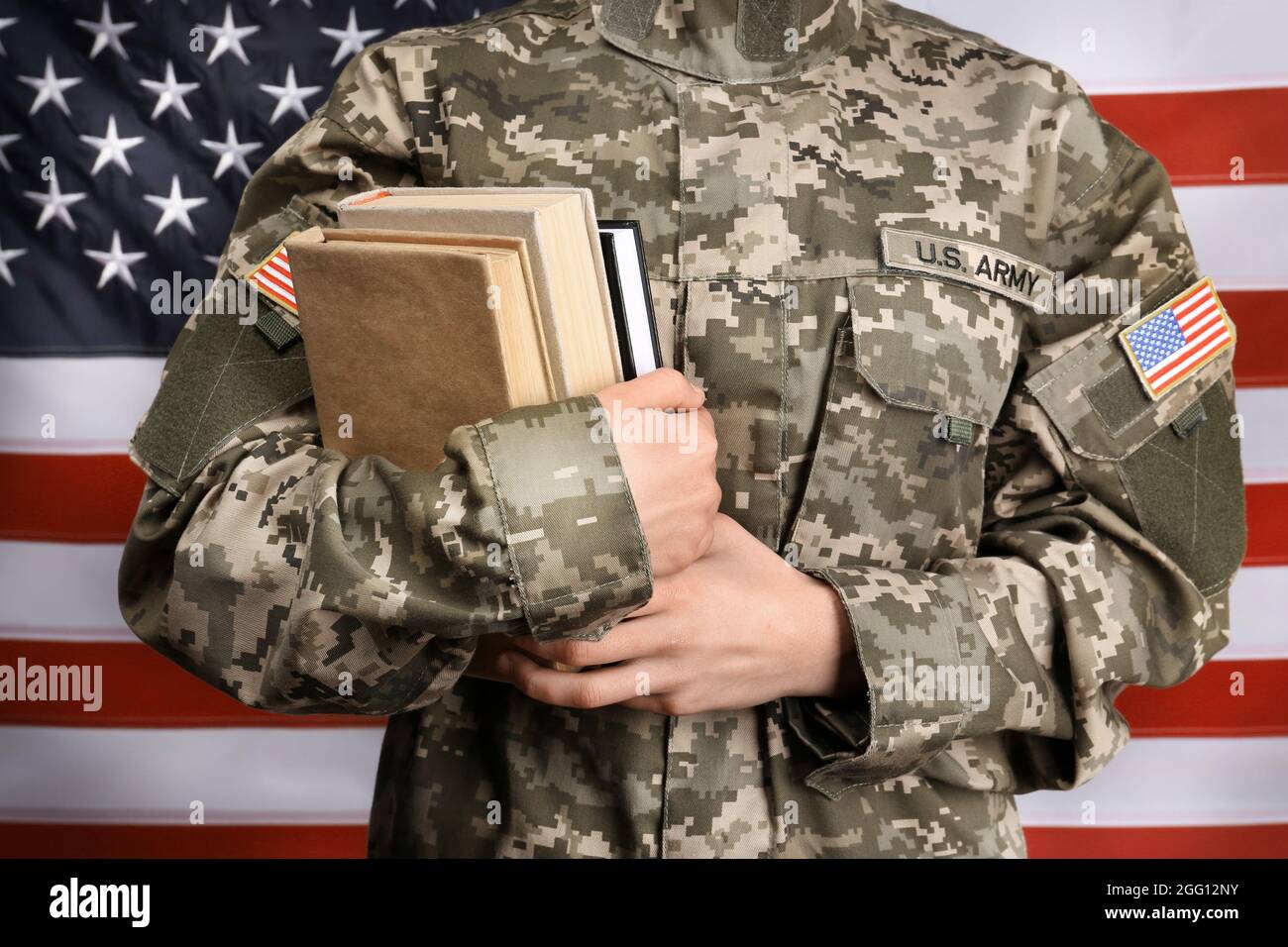 Female cadet of military school on flag background, closeup Stock Photo ...