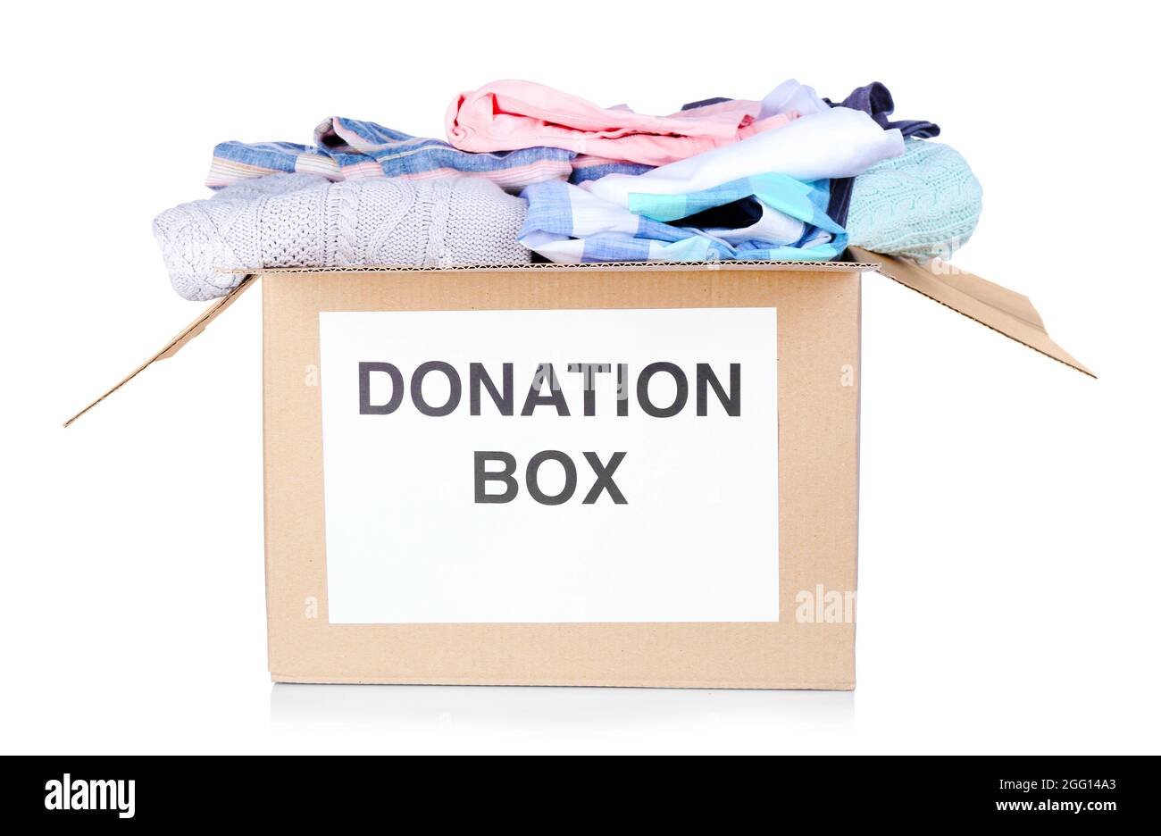 Donation box with clothes isolated on white Stock Photo - Alamy