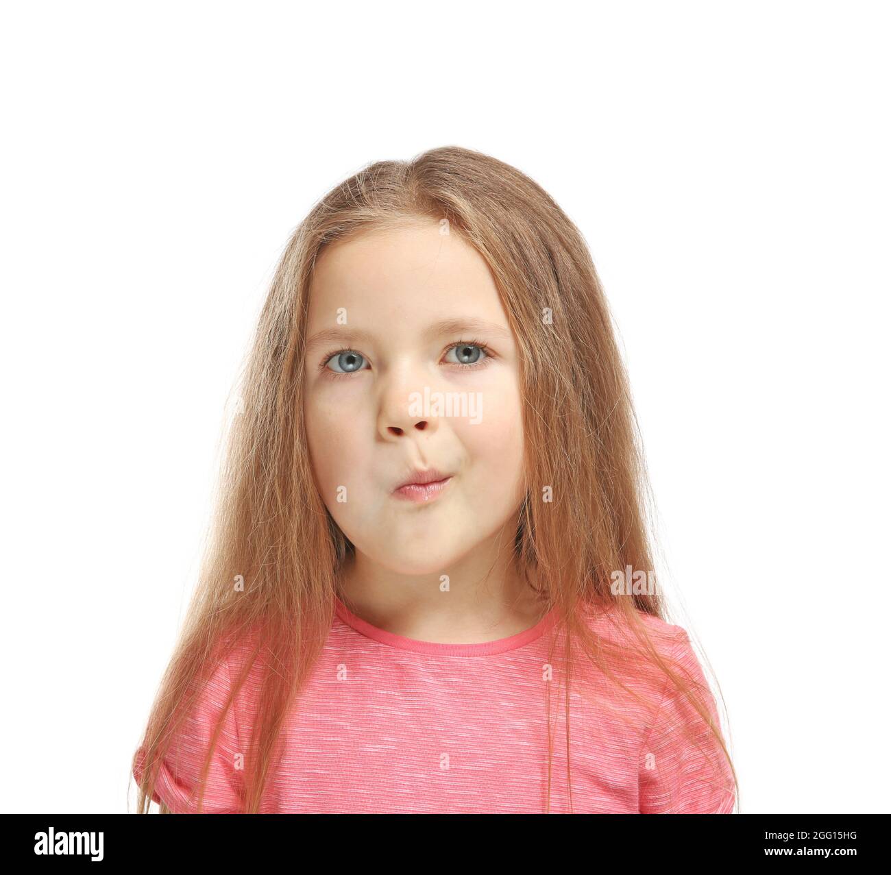 Little girl training pronounce letters on white background Stock Photo ...