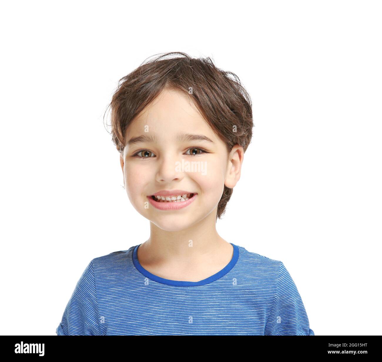 Little boy training pronounce letters on white background Stock Photo ...