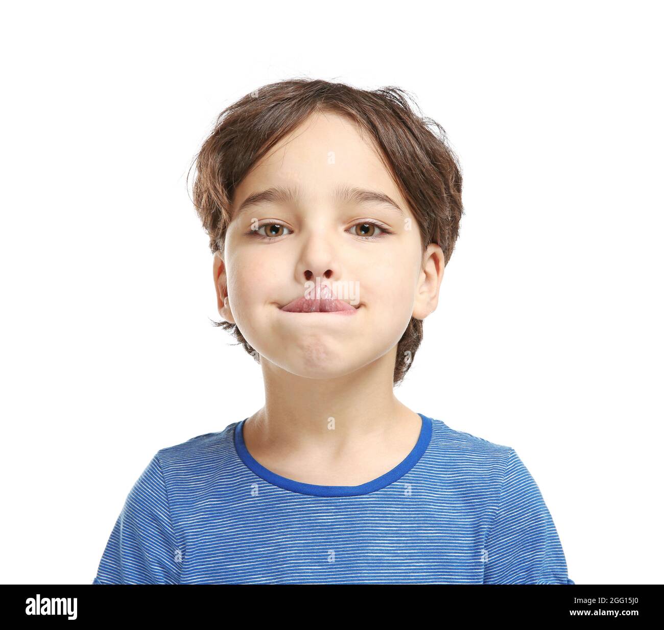 Little boy training pronounce letters on white background Stock Photo ...