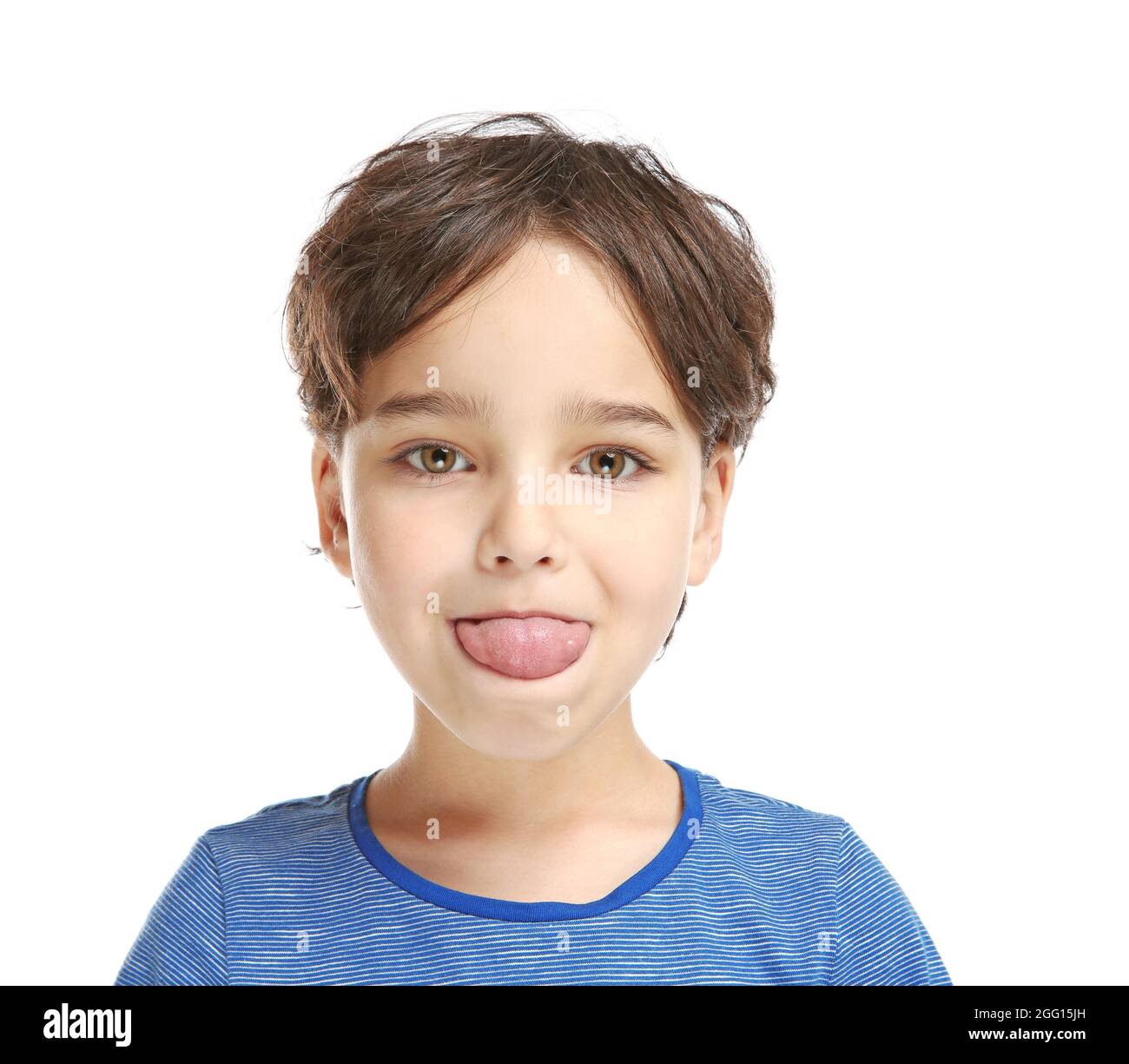 Little boy training pronounce letters on white background Stock Photo ...