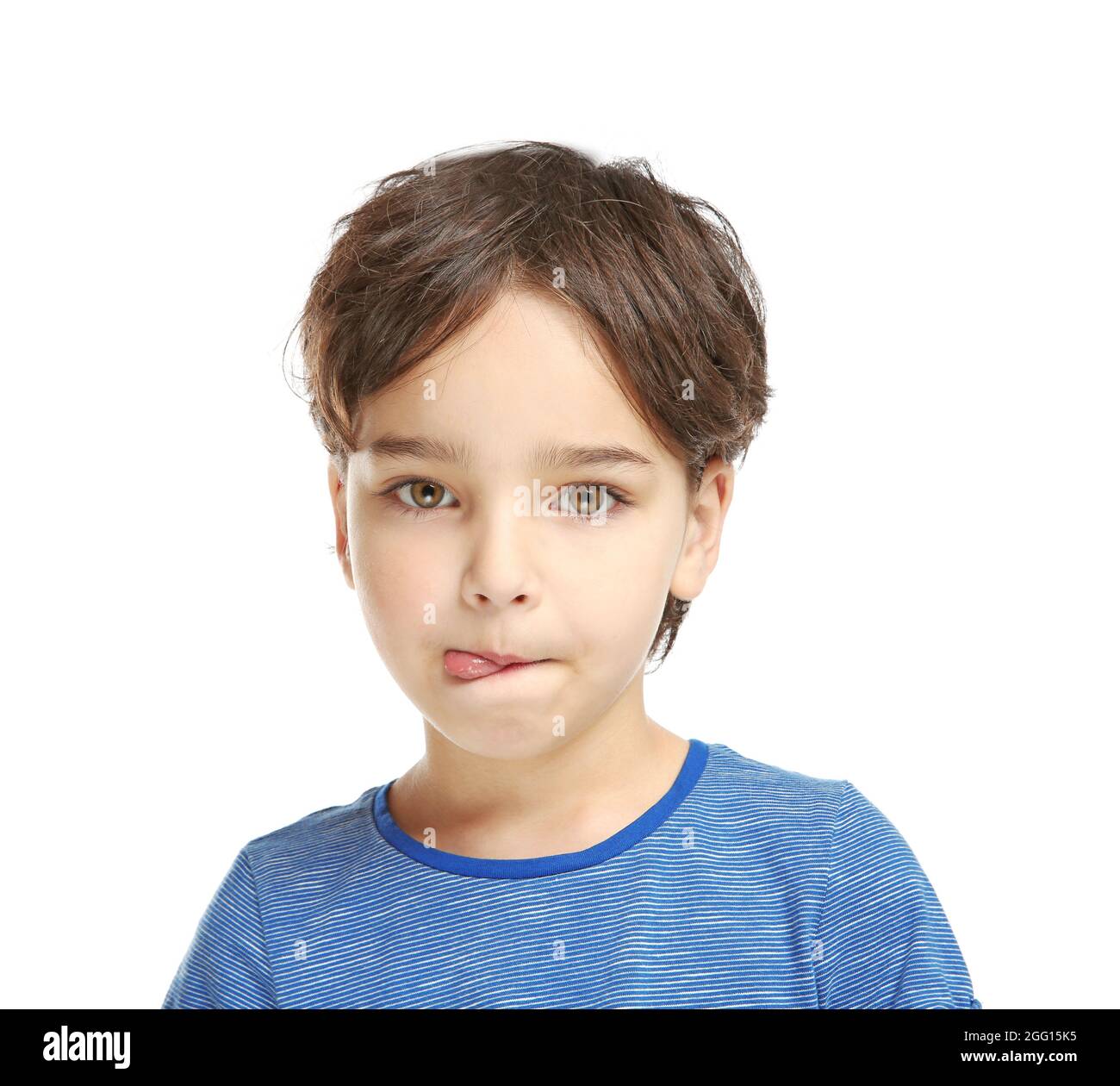 Little boy training pronounce letters on white background Stock Photo ...