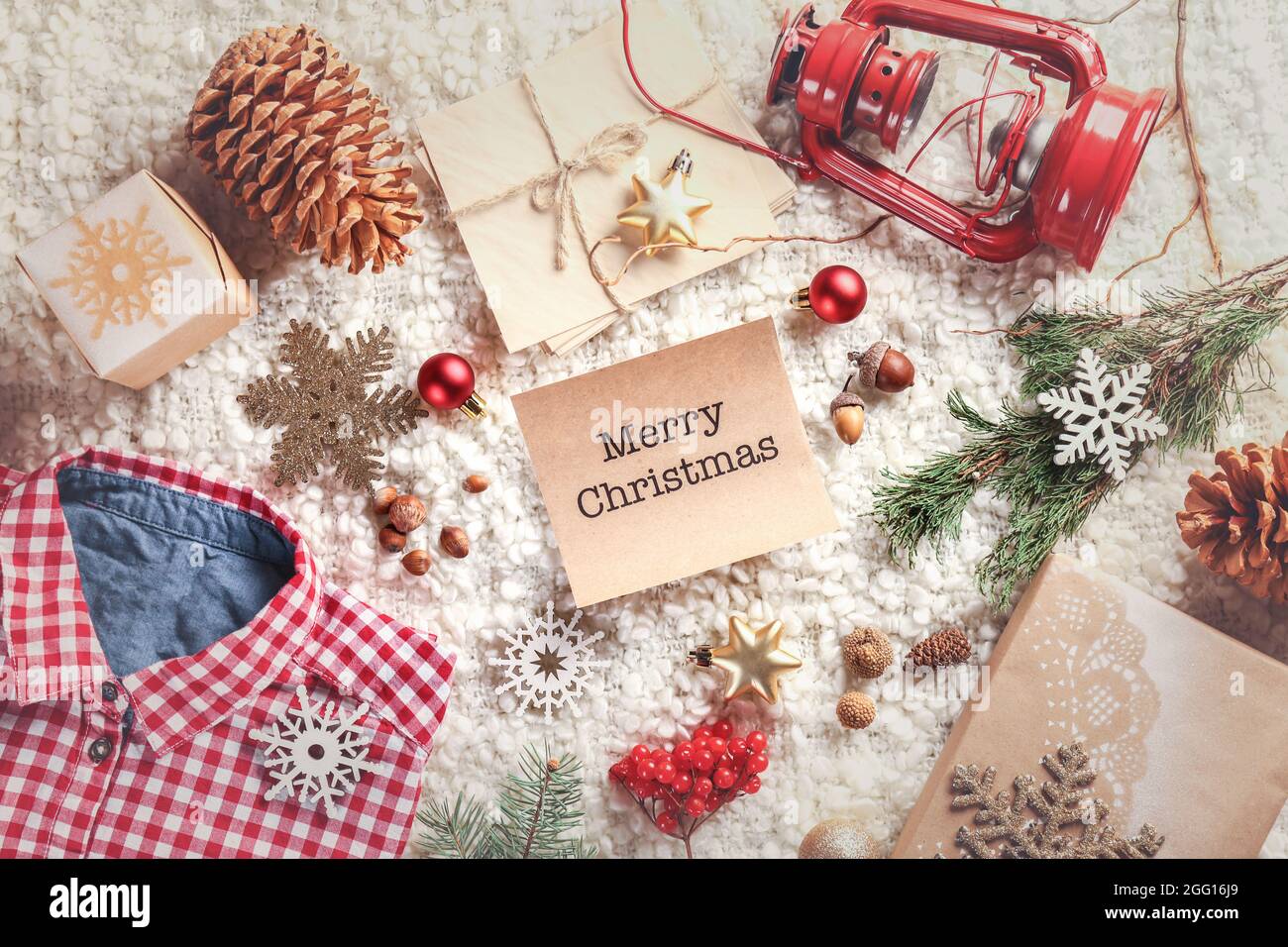 Christmas decorations and wish card on soft fabric background Stock ...