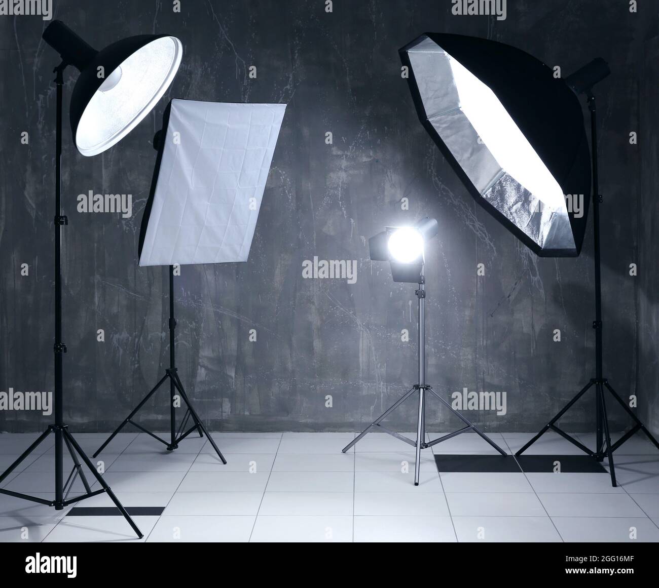 Modern photo studio interior with professional lighting equipment Stock ...