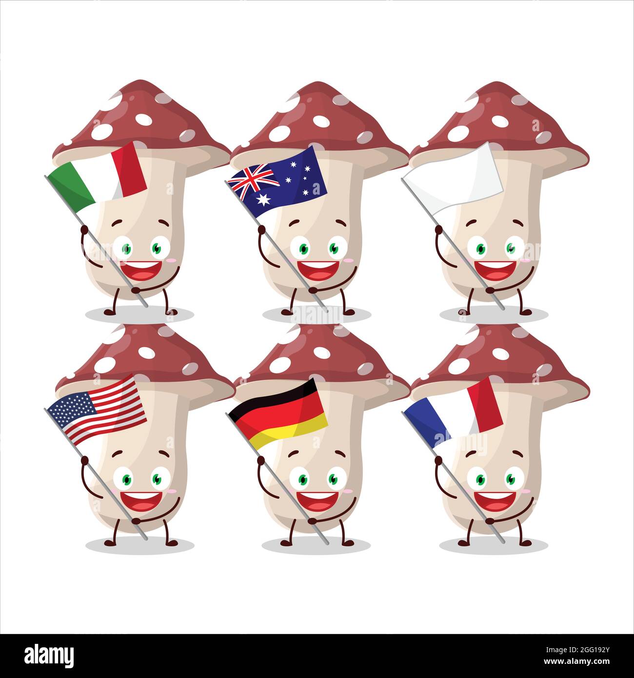 Amanita Cartoon Character Bring The Flags Of Various Countries Vector