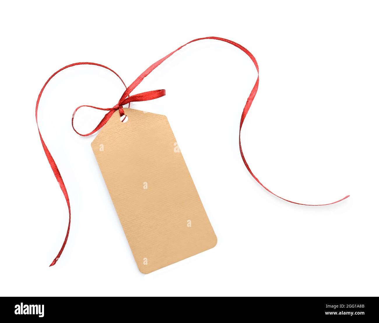 Card note with red ribbon on white background Stock Photo - Alamy