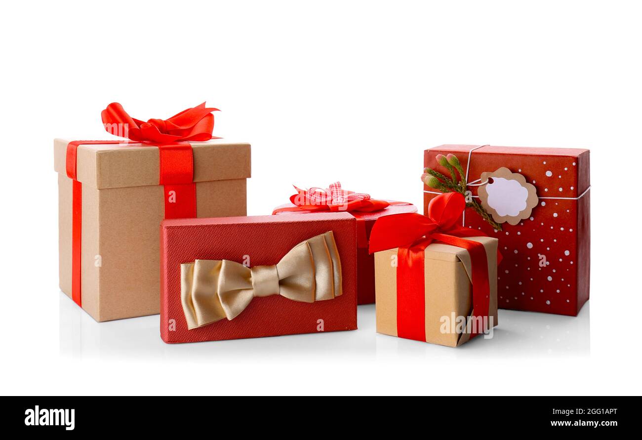 Stylish present boxes isolated on white Stock Photo - Alamy