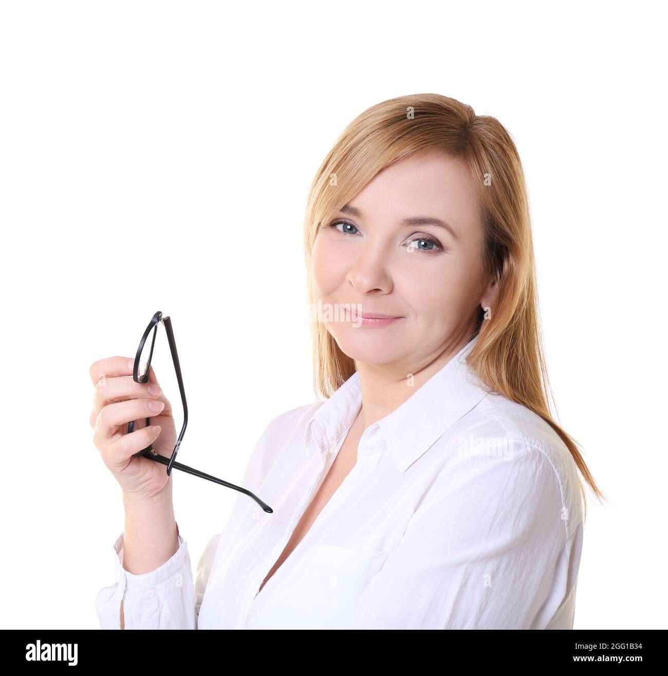 Happy senior woman on white background Stock Photo - Alamy