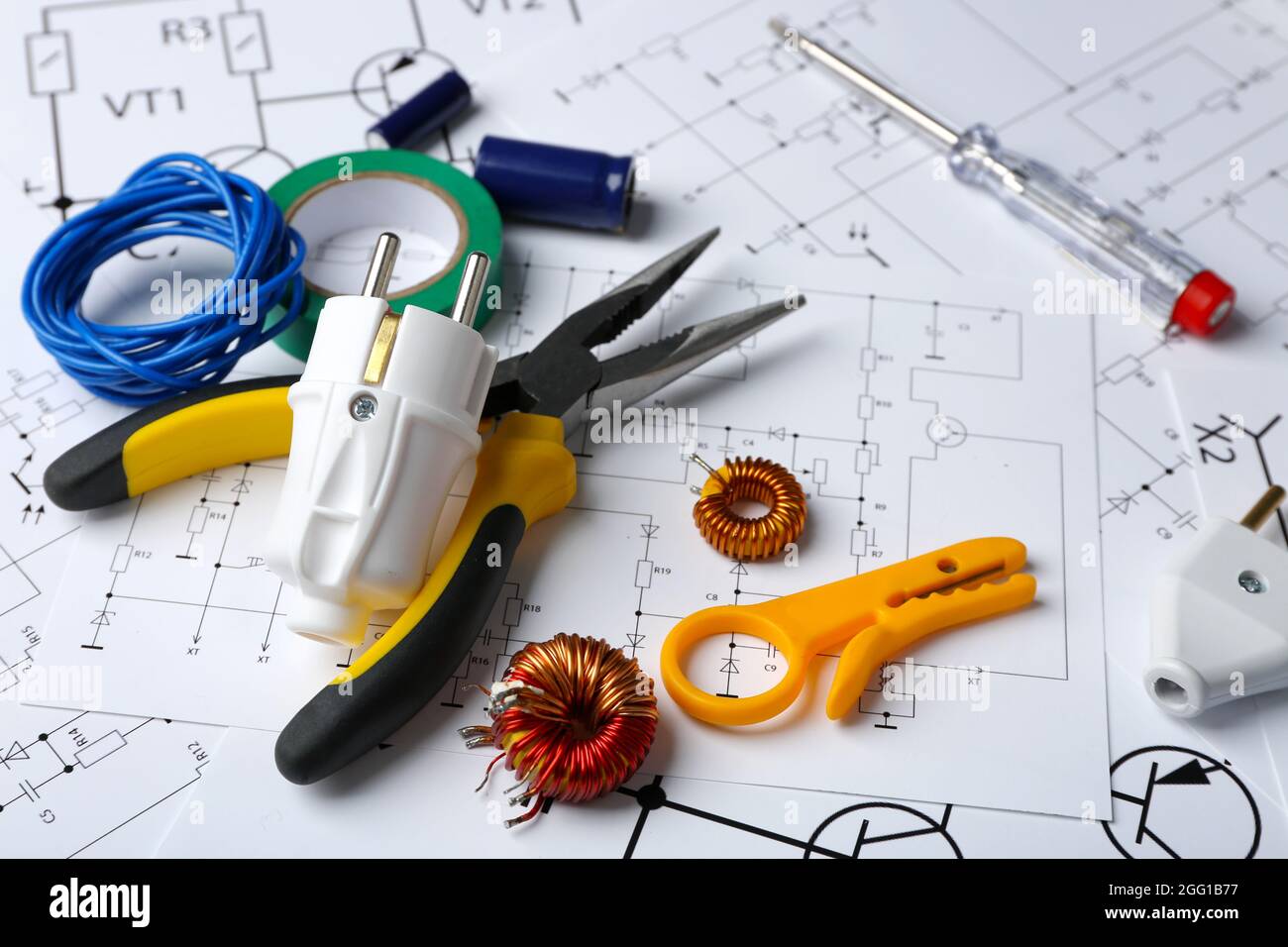 Different electrical tools on paper circuit drawing background Stock ...
