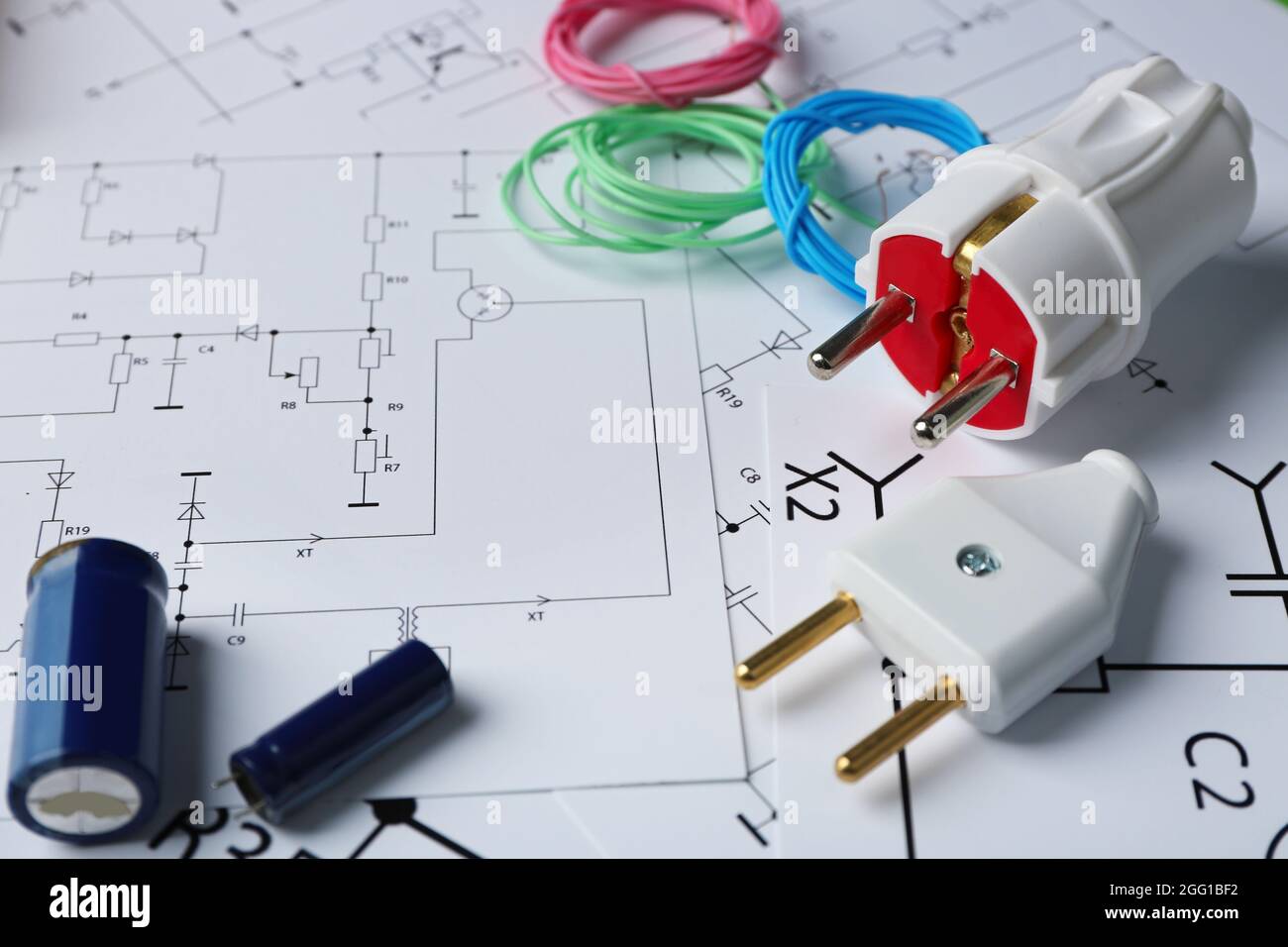 Different electrical tools on paper circuit drawing background Stock ...