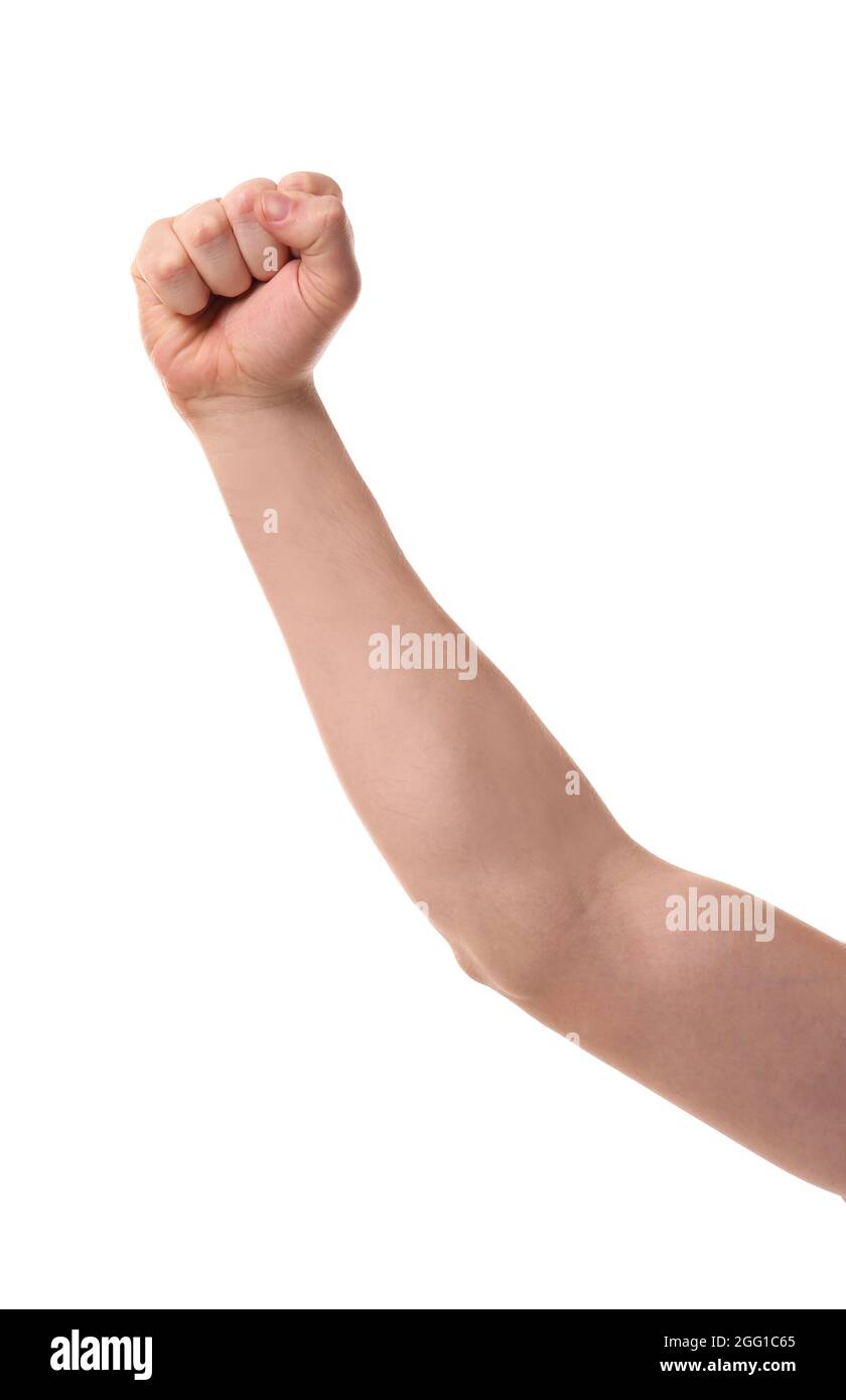 Raised male hand with clenched fist on white background Stock Photo - Alamy