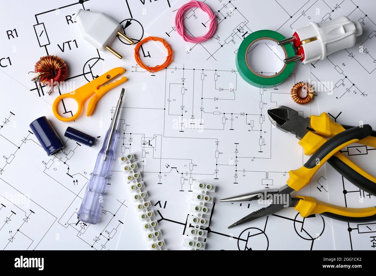 Different electrical tools on paper circuit drawing background Stock ...