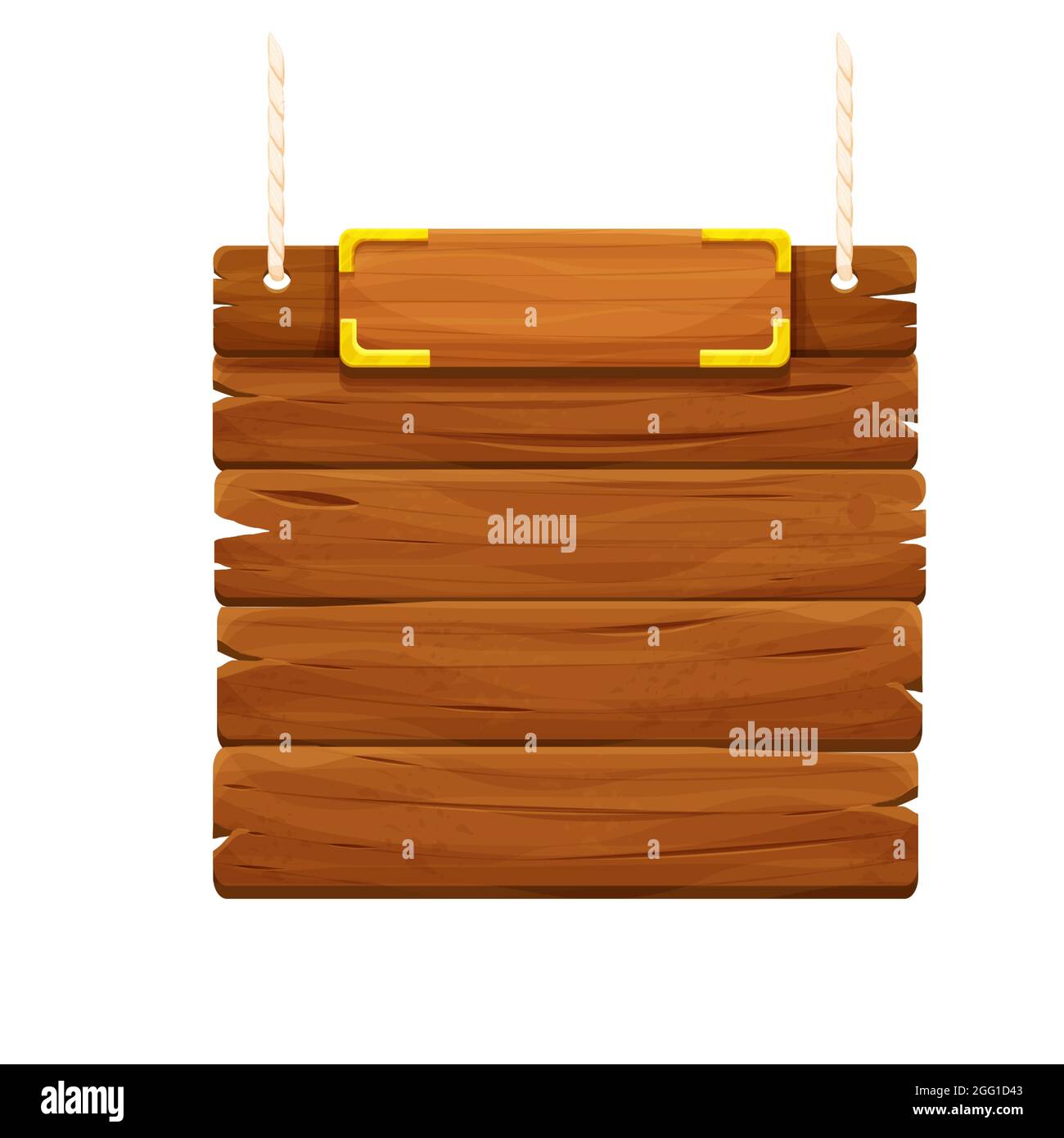 Wood frame, banner with gold details and rope in cartoon style isolated ...