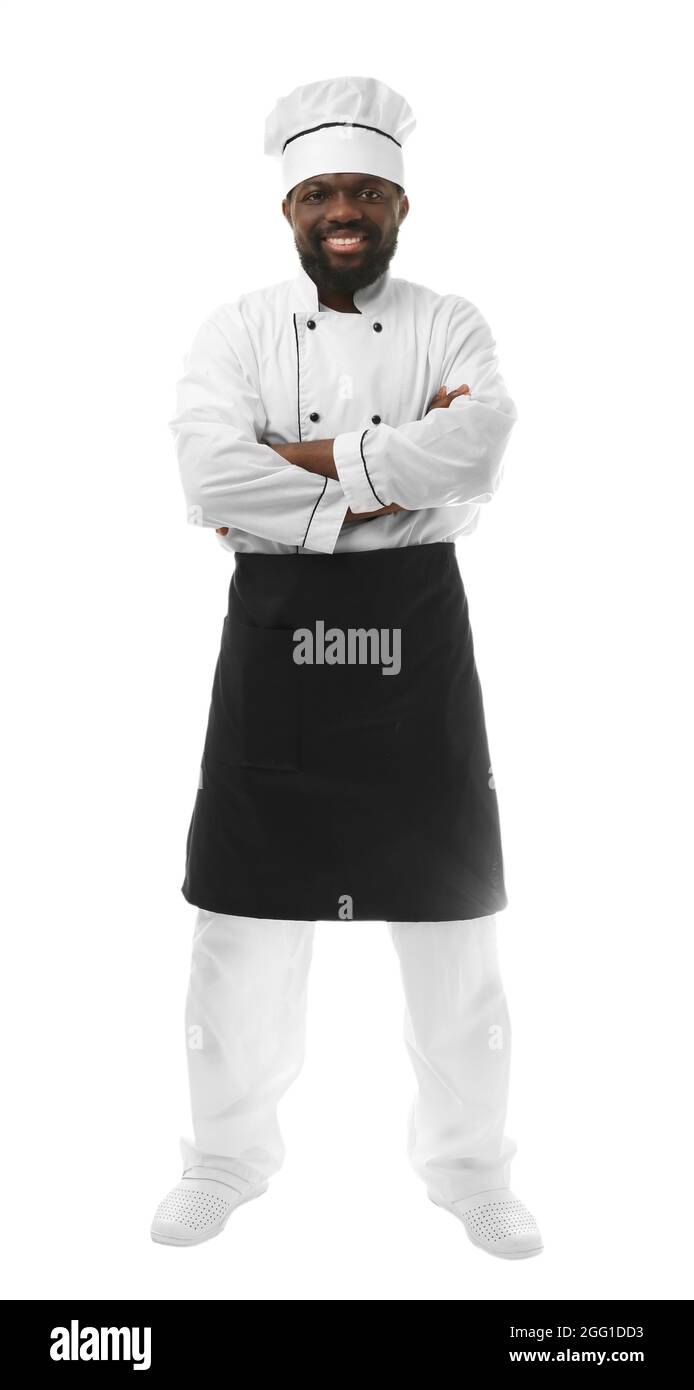 African American chef in uniform on white background Stock Photo - Alamy