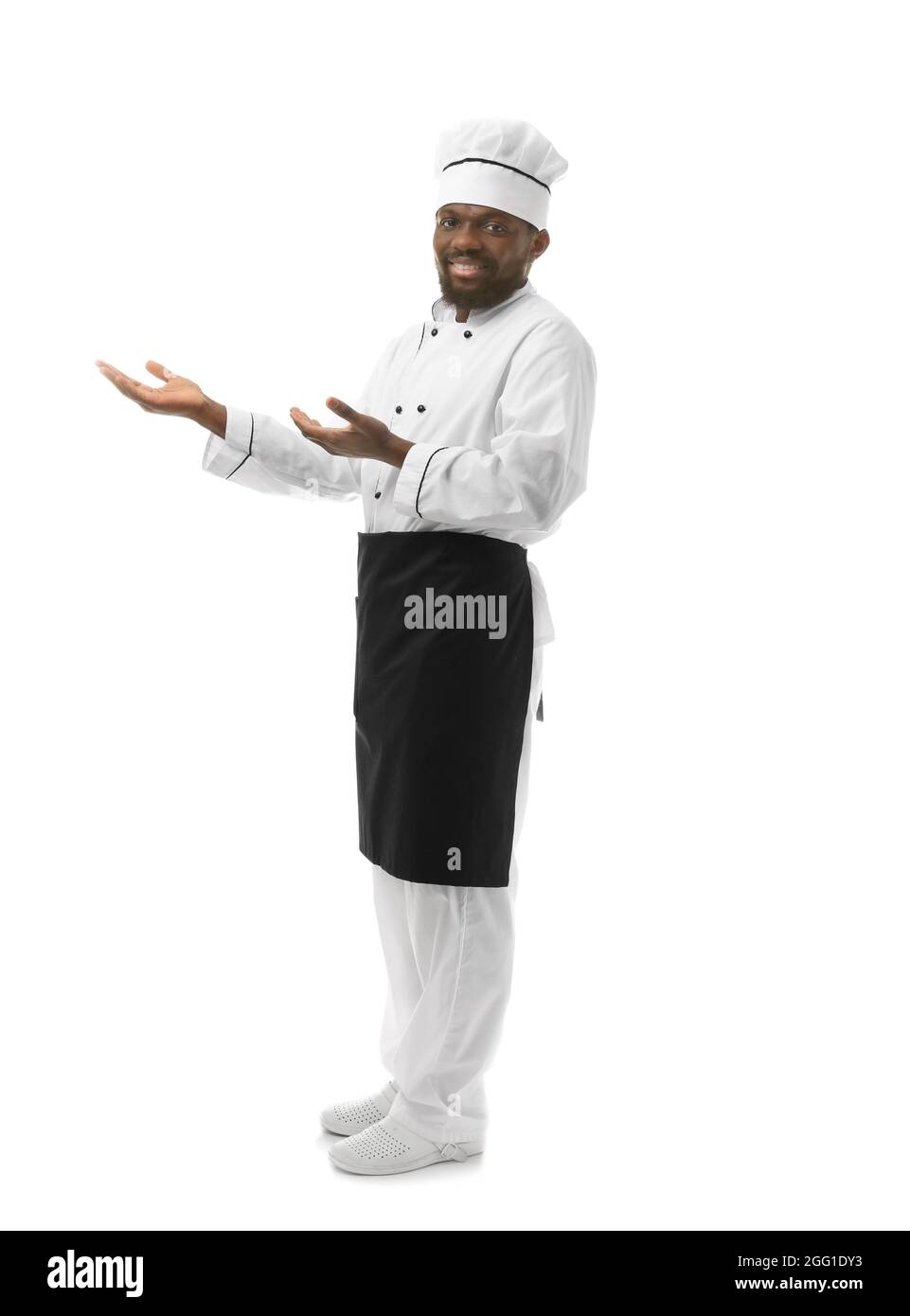 African American chef in uniform on white background Stock Photo - Alamy