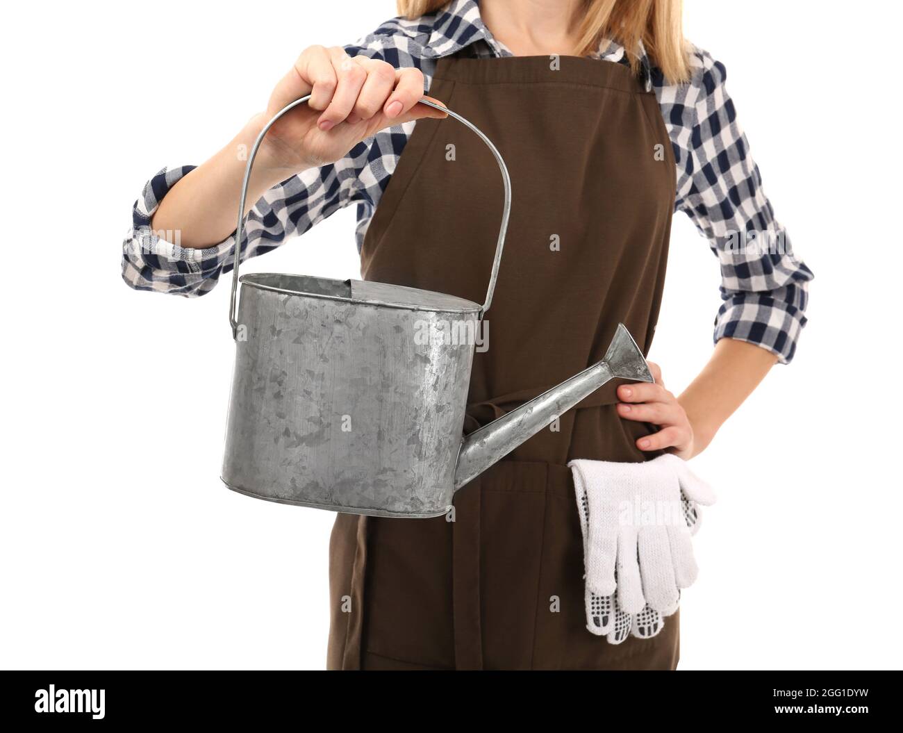 Beautiful woman holding watering can isolated on white background Stock ...