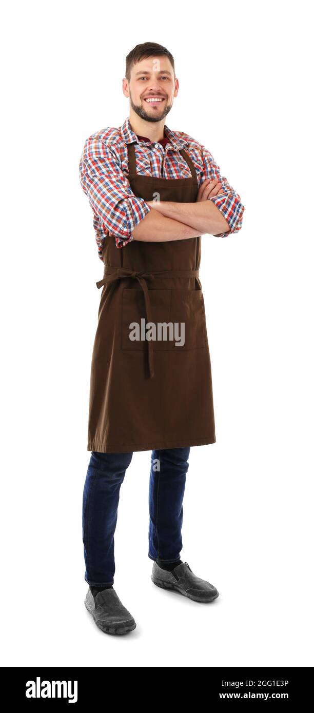 Handsome man in apron isolated on white background Stock Photo - Alamy