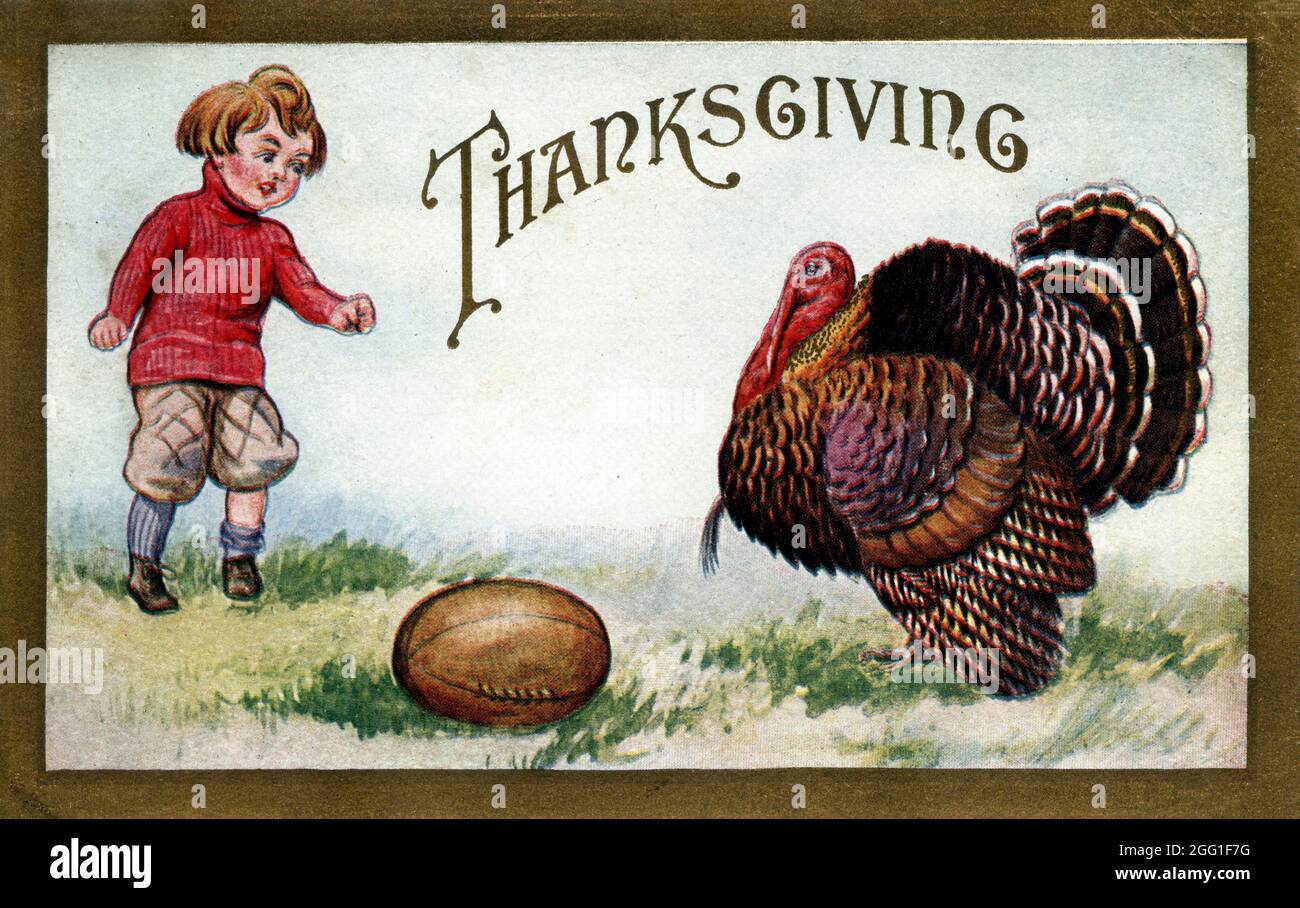 Illustration of a boy in knickers and a turkey standing on a field on a ...