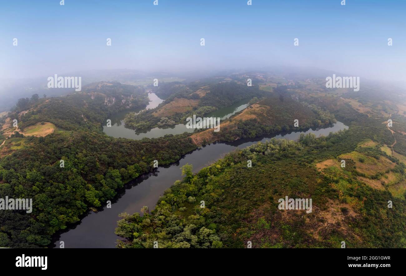 Aerial view of the meanders of the Nora river in Asturias, Spain Stock ...