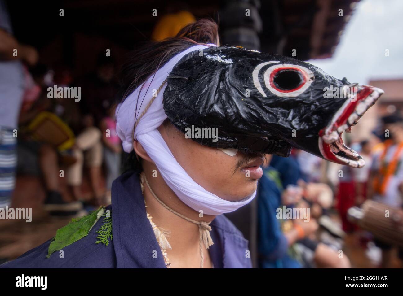Nepalese youth plays traditional instruments during parade of Gai Jatra ...