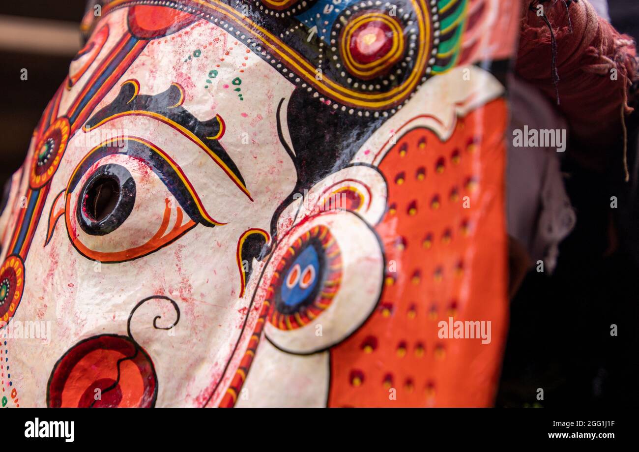 2nd August 2021. Bhaktapur, Nepal. A traditional masked dancer performs ...