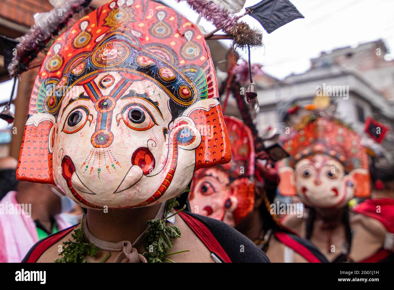 2nd August 2021. Bhaktapur, Nepal. A traditional masked dancer performs ...