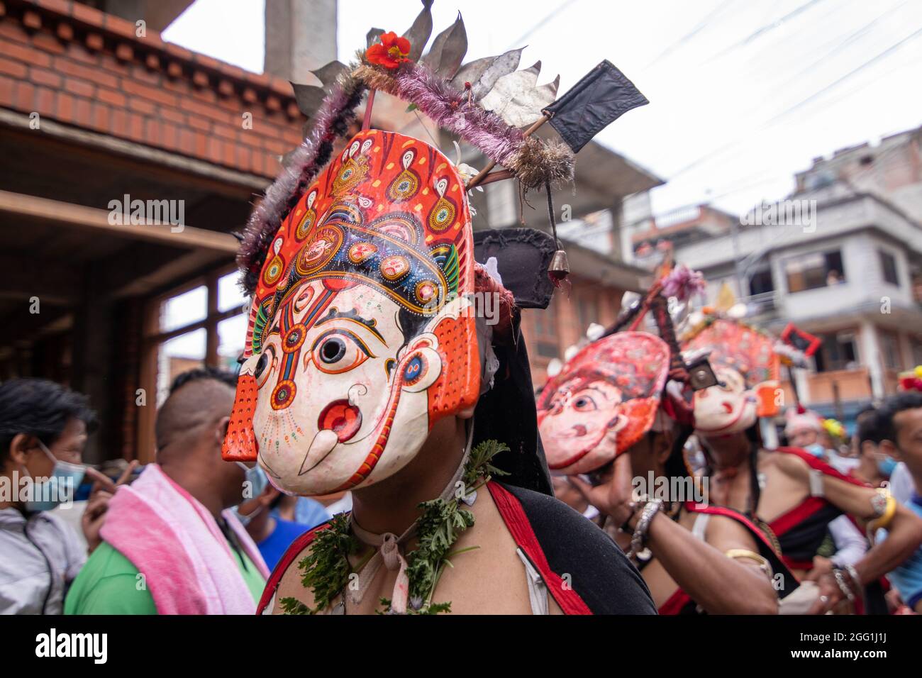 2nd August 2021. Bhaktapur, Nepal. A traditional masked dancer performs ...