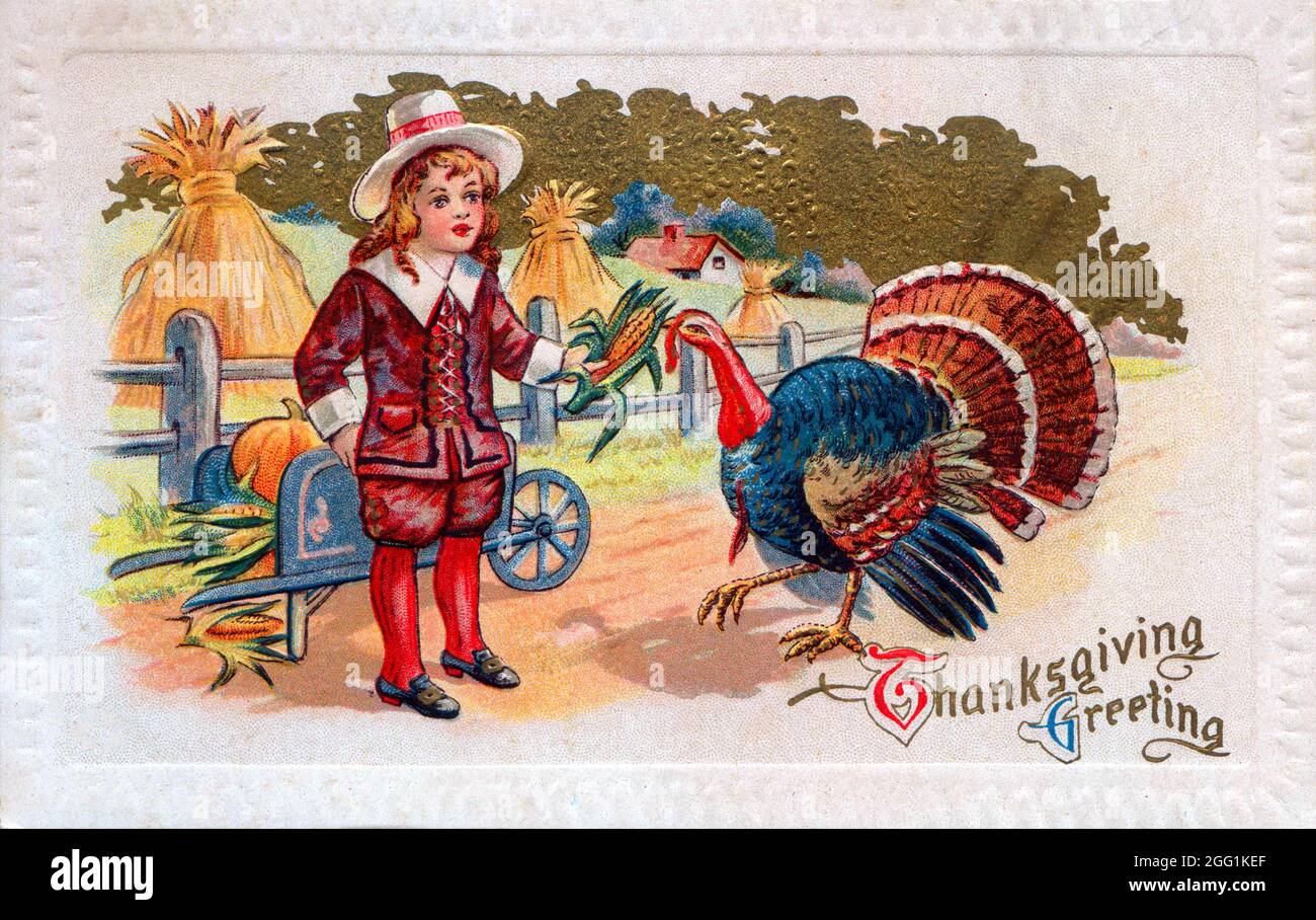 Illustration of a young boy with a pilgrim hat and turkey on a vintage ...