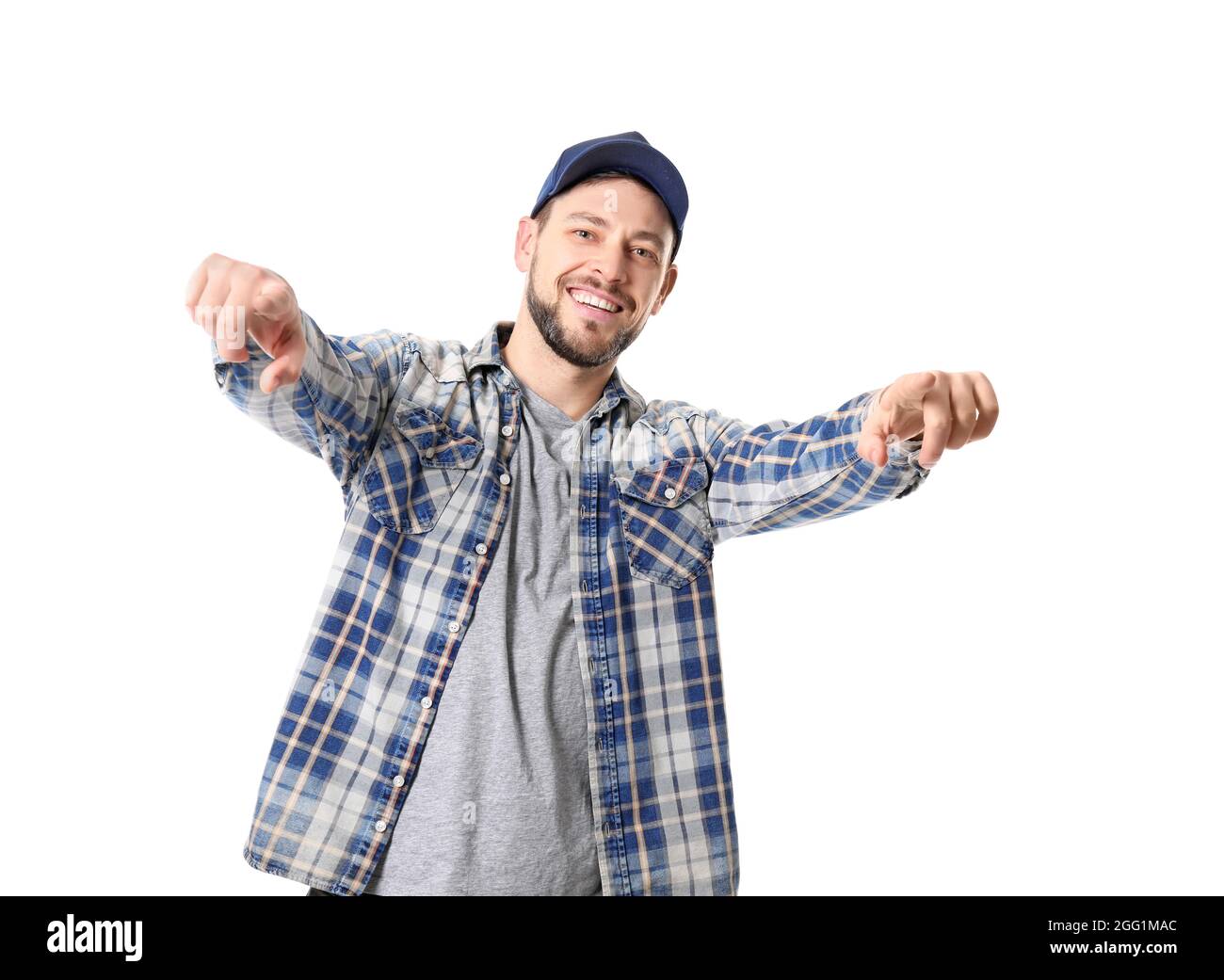 Long-haul truck driver on white background Stock Photo - Alamy