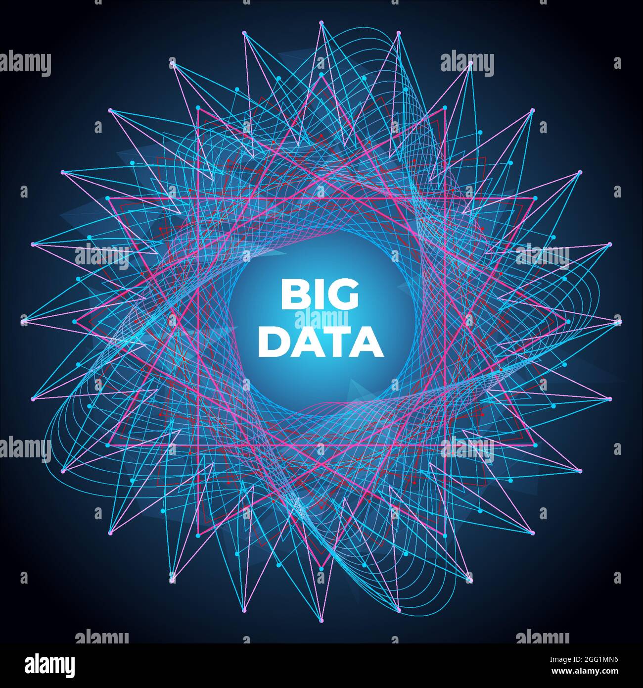 Big data visualization background. Blue colorful circle graph. Connected dot, particle with line ...