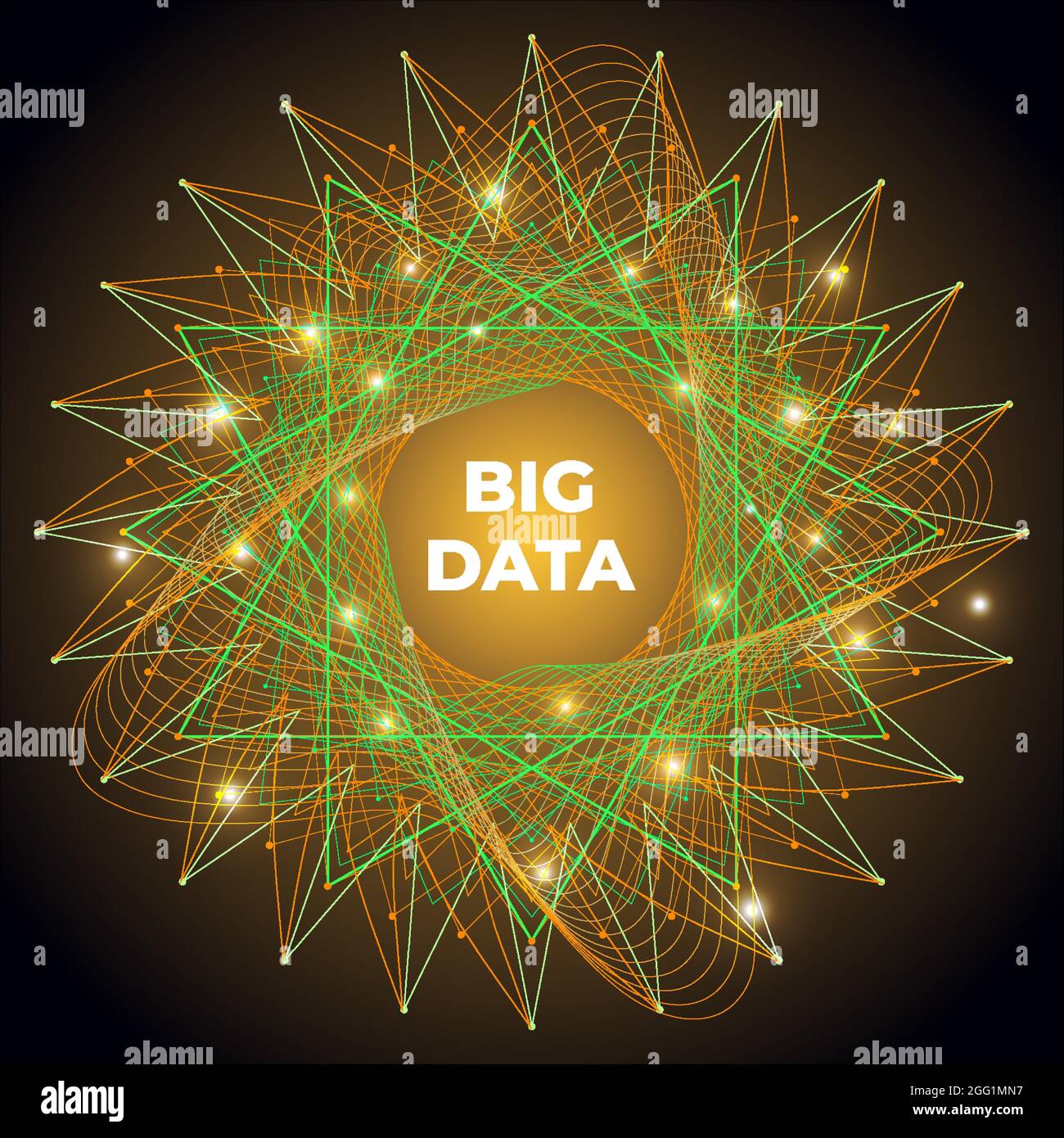 Big data visualization background. Gold colorful circle graph. Connected dot, particle with line ...