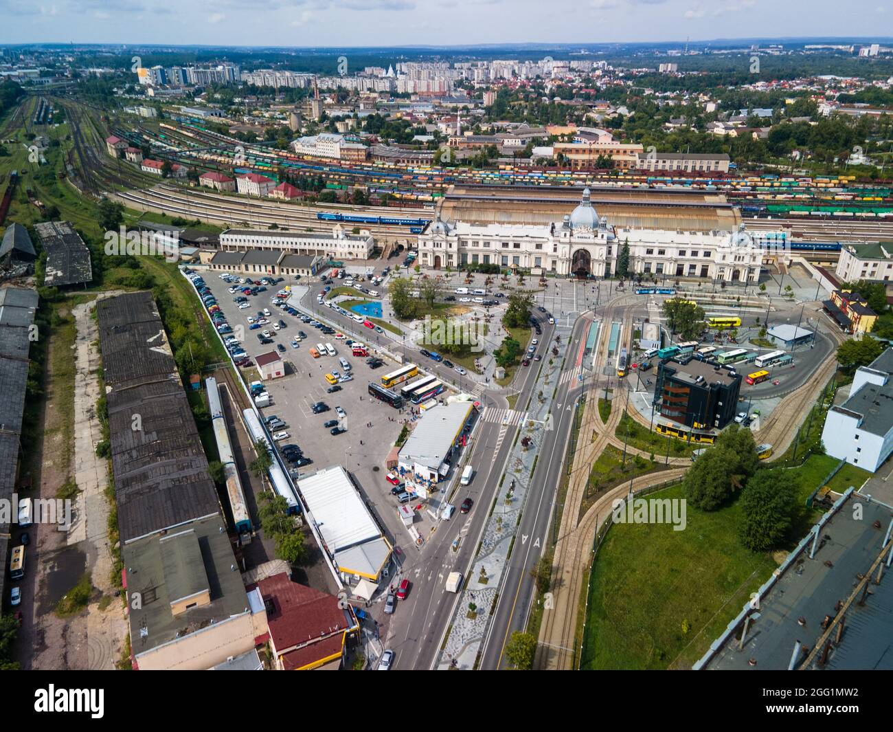 aerial view of city transport hub railway tram bus station. copy space ...