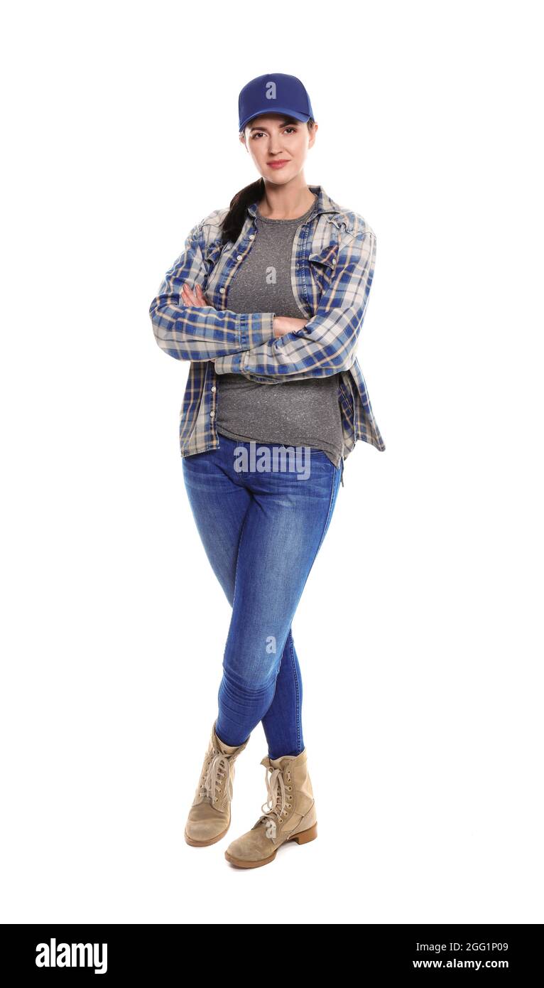 Long-haul truck driver on white background Stock Photo - Alamy