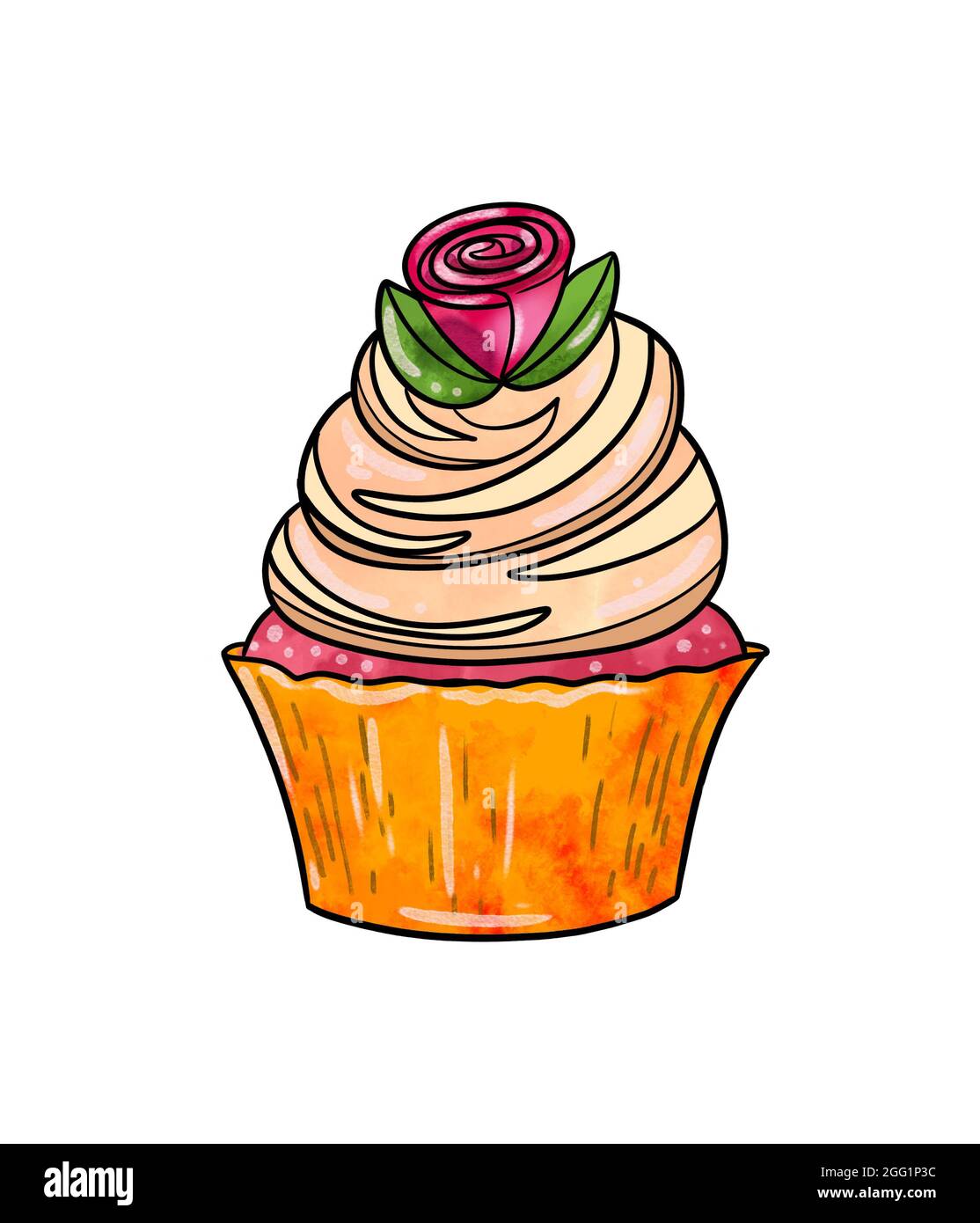 Illustration of a colored drawing of sweets: pink cupcake with yellow ...