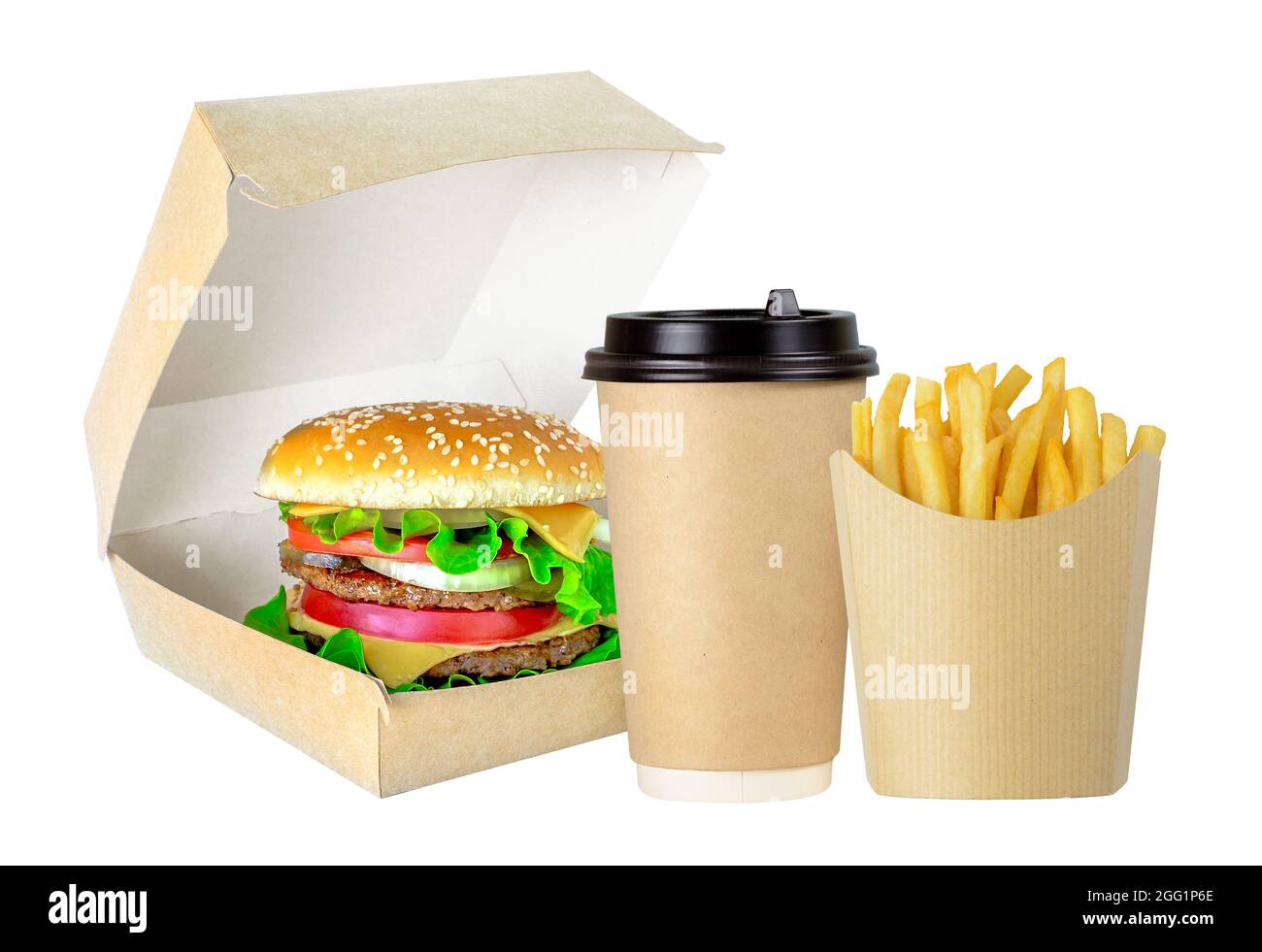 Tasty Hamburger, fries and cofee in cardboard package isolated on a ...