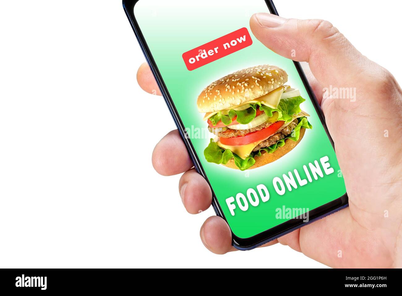 Hand holding phone with app ordering and delivery food on screen ...