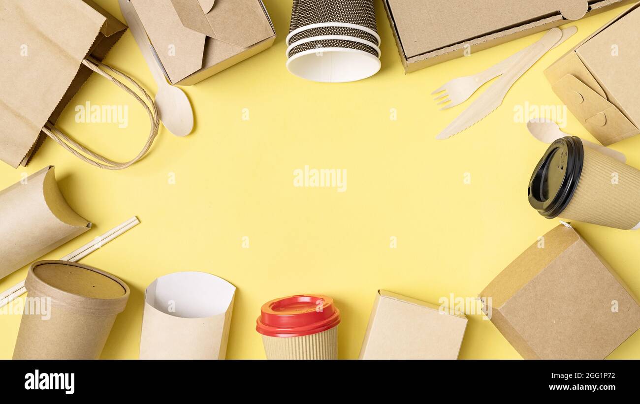 Various Fast food packaging set on yellow background. Food delivery ...