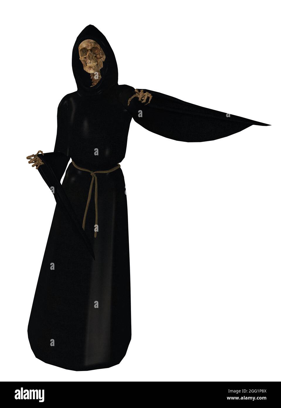 Digitally rendered skeleton in black hooded robe, dark reaper, 3d ...