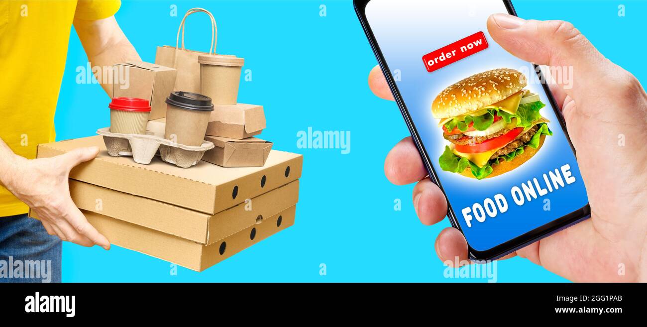 Hand holding phone with app ordering and delivery food isolated on blue ...
